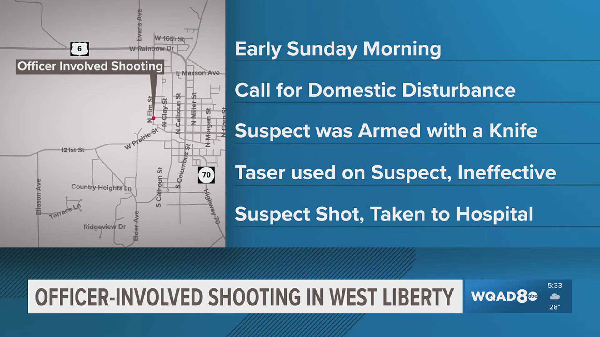 Suspect shot by officer in West Liberty during domestic disturbance call