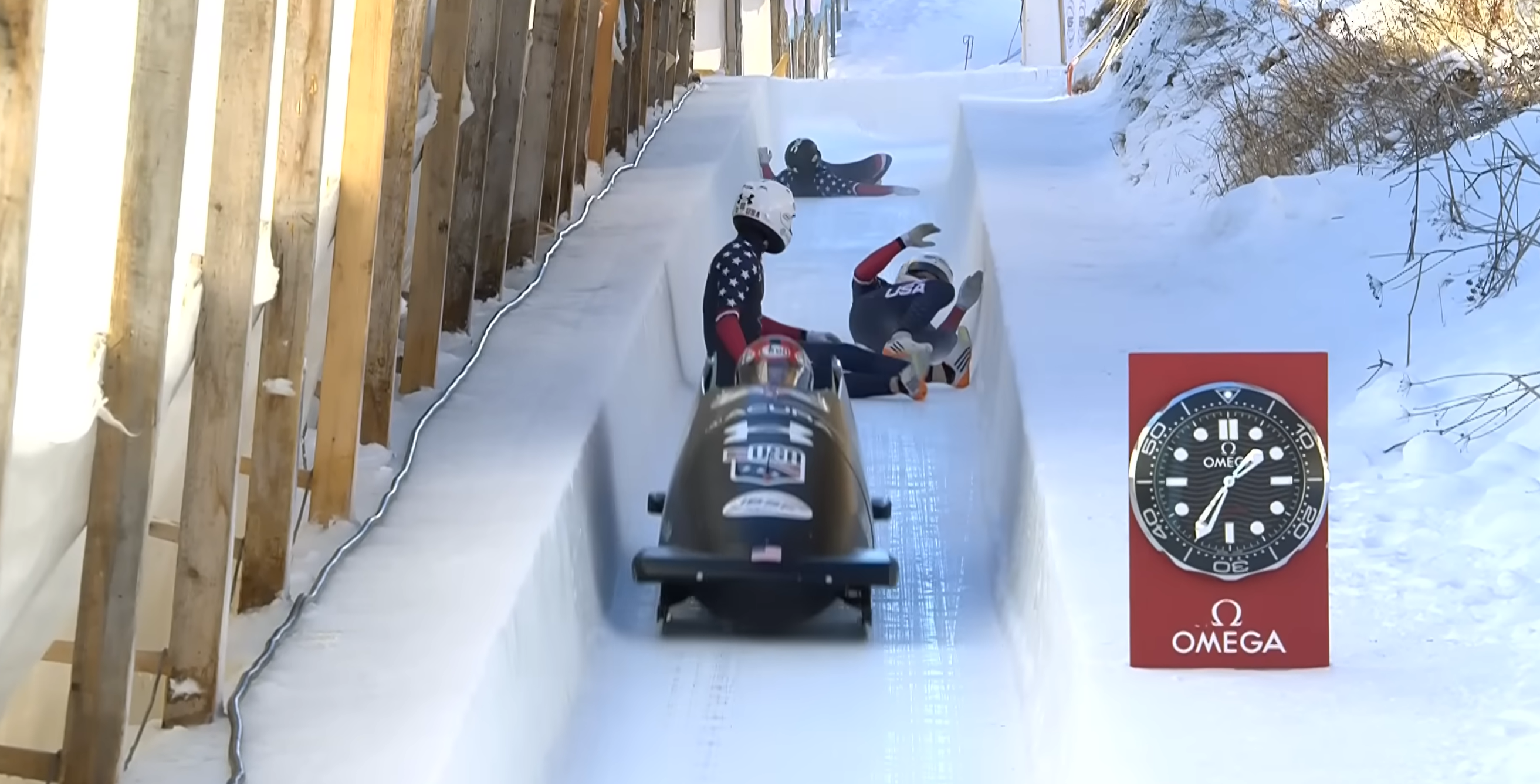Terrifying scenes as three fall out of bobsleigh