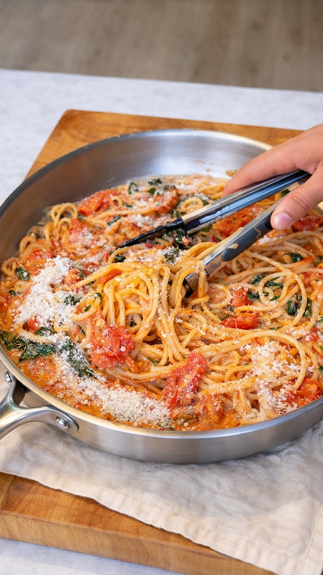 Making vegan creamy garlic tomato spaghetti