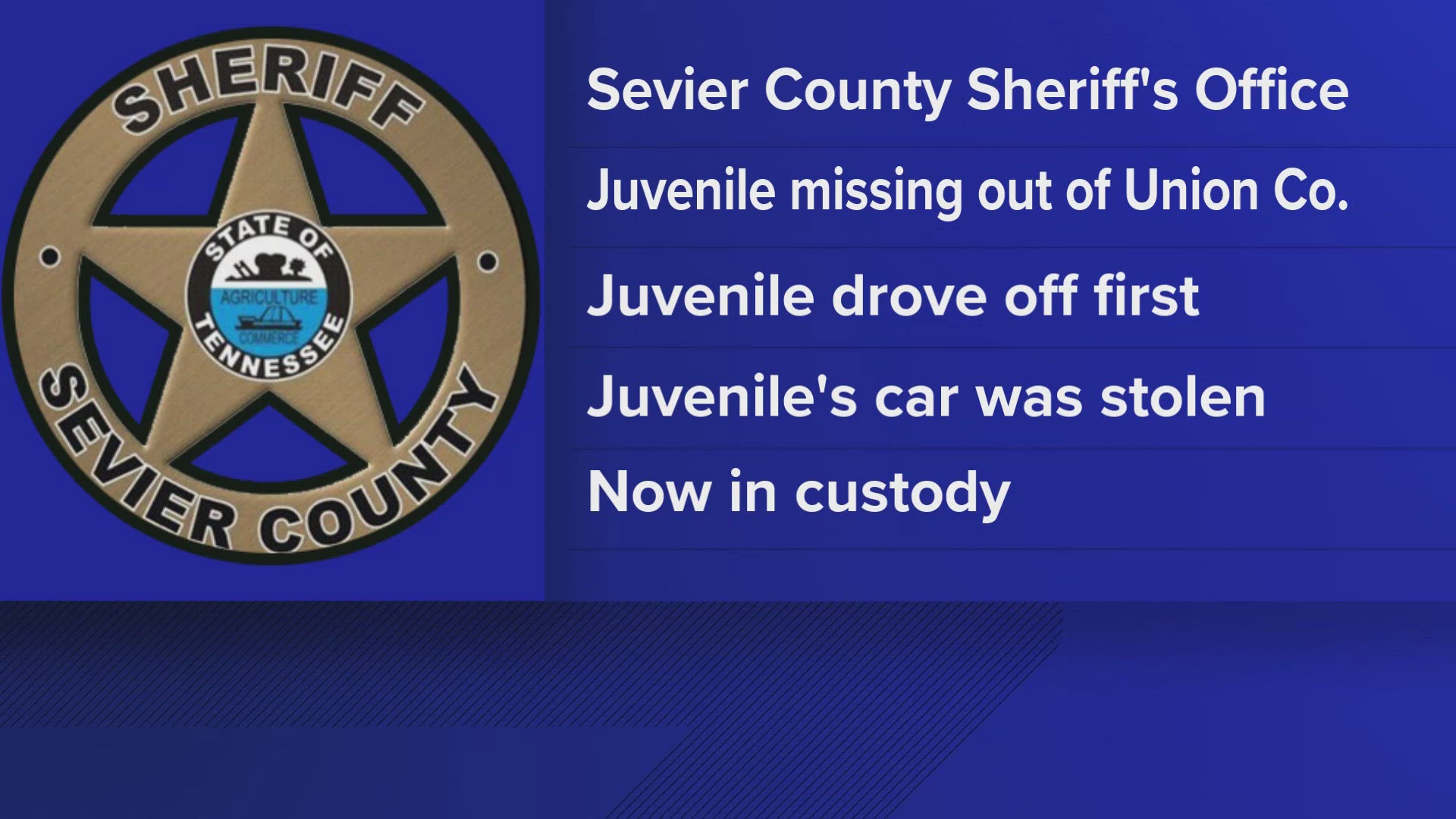 Sevier County deputies arrest missing Union County juvenile in stolen car