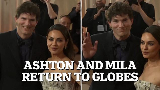 Ashton Kutcher and Mila Kunis pose arm in arm at Golden Globes