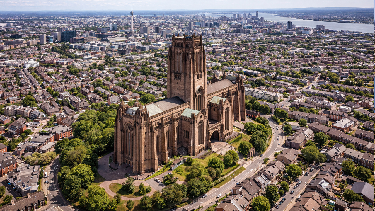 Vista aérea da Catedral de Liverpool sobre a paisagem urbana