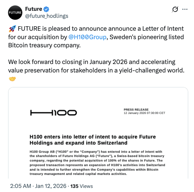 Adam Back-backed Bitcoin Treasury Future Holdings set for takeover by H100