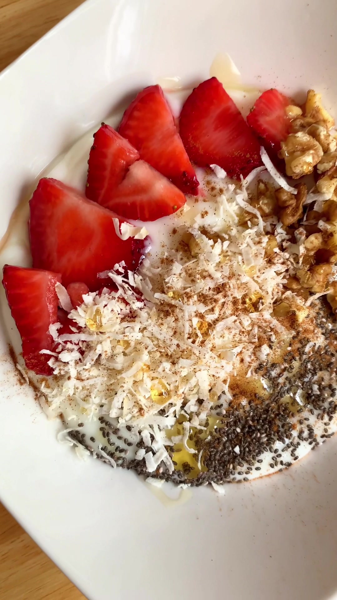 High protein yogurt bowl for breakfast! Strawberry