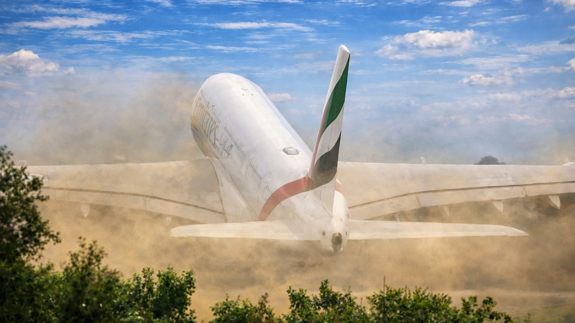A giant jet creates powerful wind at takeoff