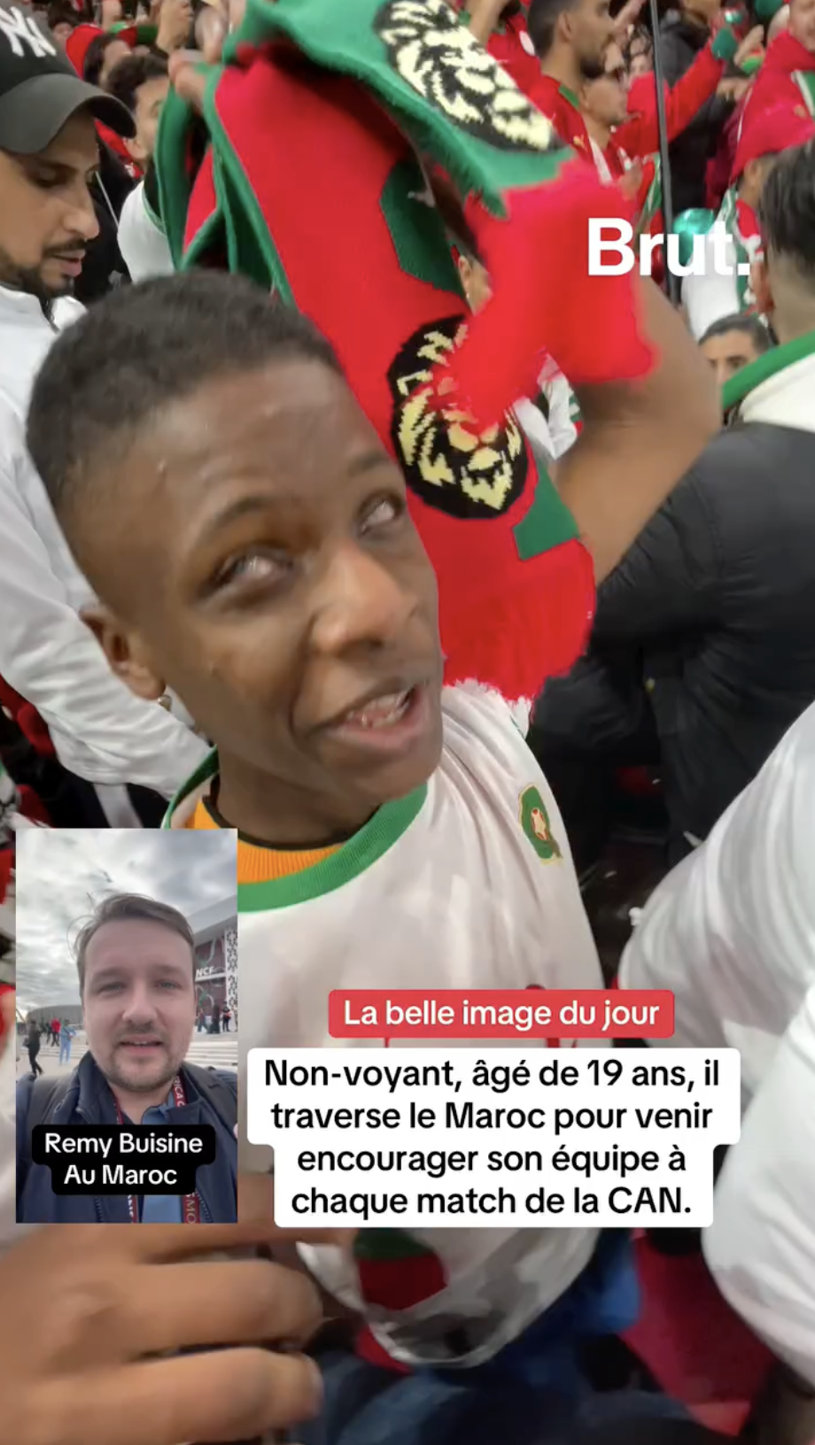 Non-voyant, âgé de 19 ans, il traverse le Maroc pour venir encourager son équipe à chaque match ...