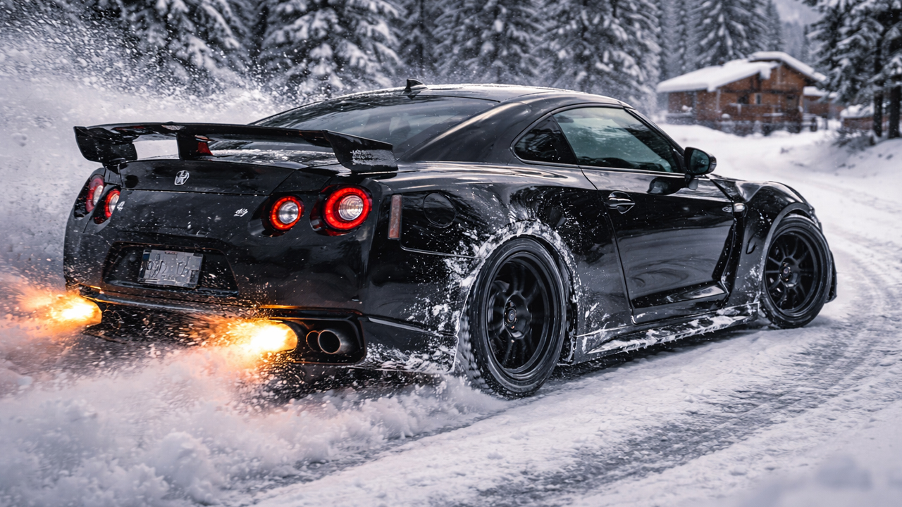 Nissan GT-R drifting and shooting flames in snow