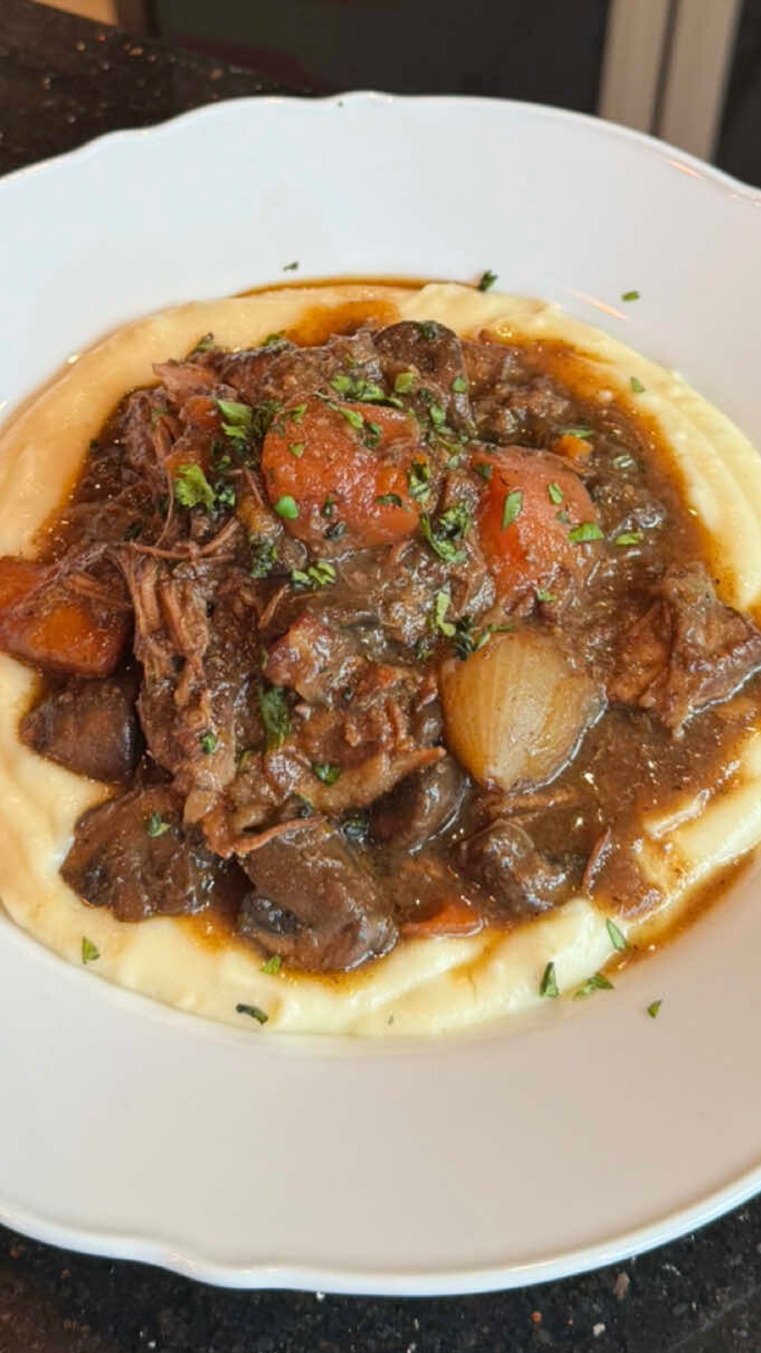 Beef bourguignon with creamy mashed potatoes