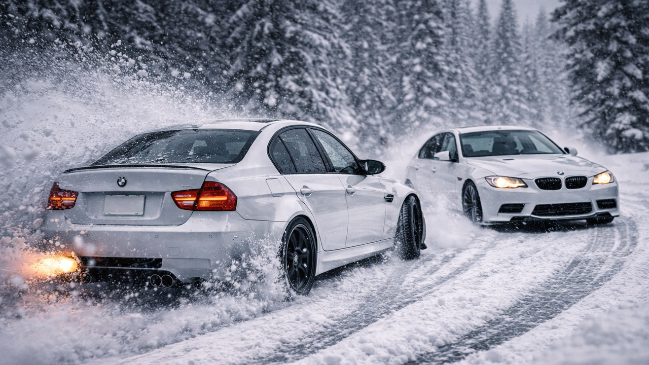 BMW M3 snow driving with loud sound and drifts