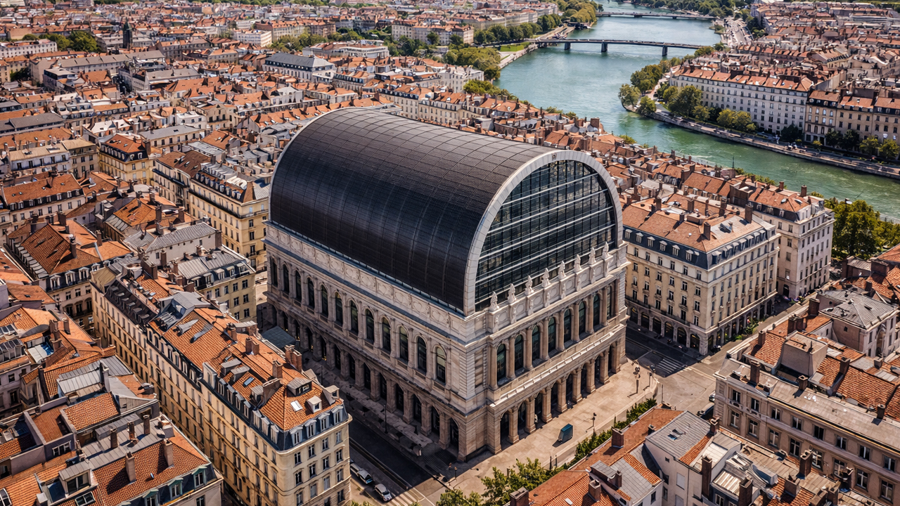 Opéra National de Lyon aerial view over city blocks