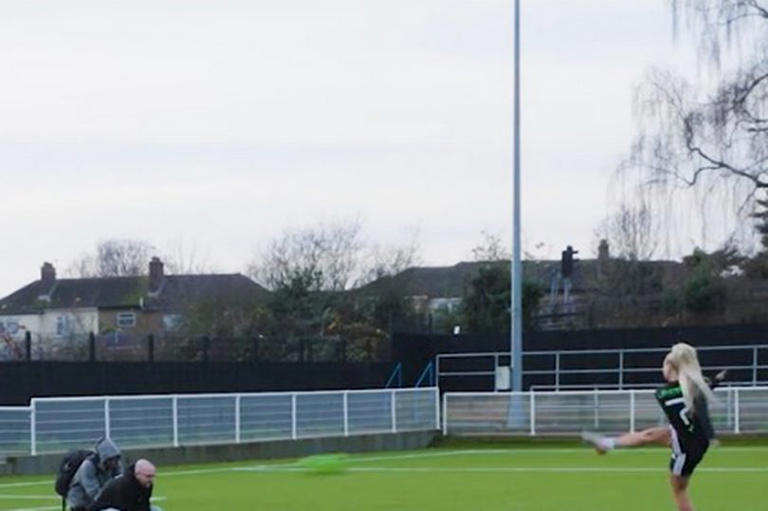 Glam footballer Alisha Lehmann smashes cameraman with wayward shot as ...