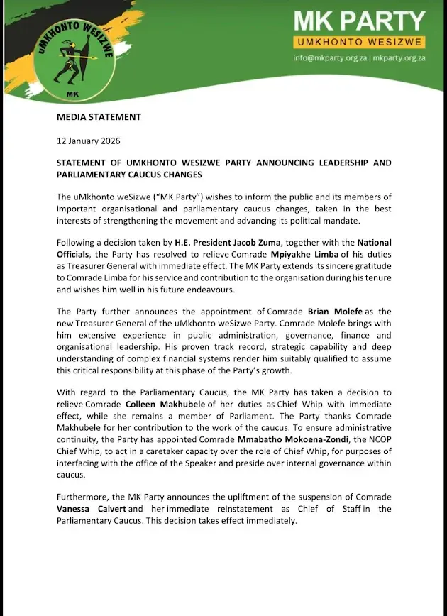 MK Party leadership changes: Brian Molefe new treasurer-general