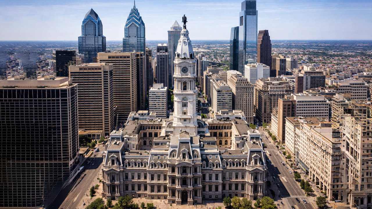 Philadelphia City Hall aerial view over downtown core