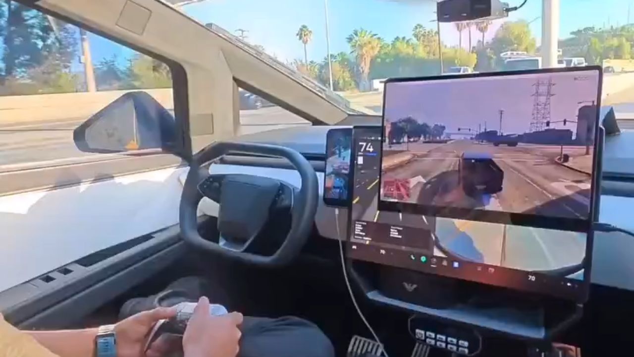 Video shows Cybertruck driver playing GTA on the highway — masterclass ...