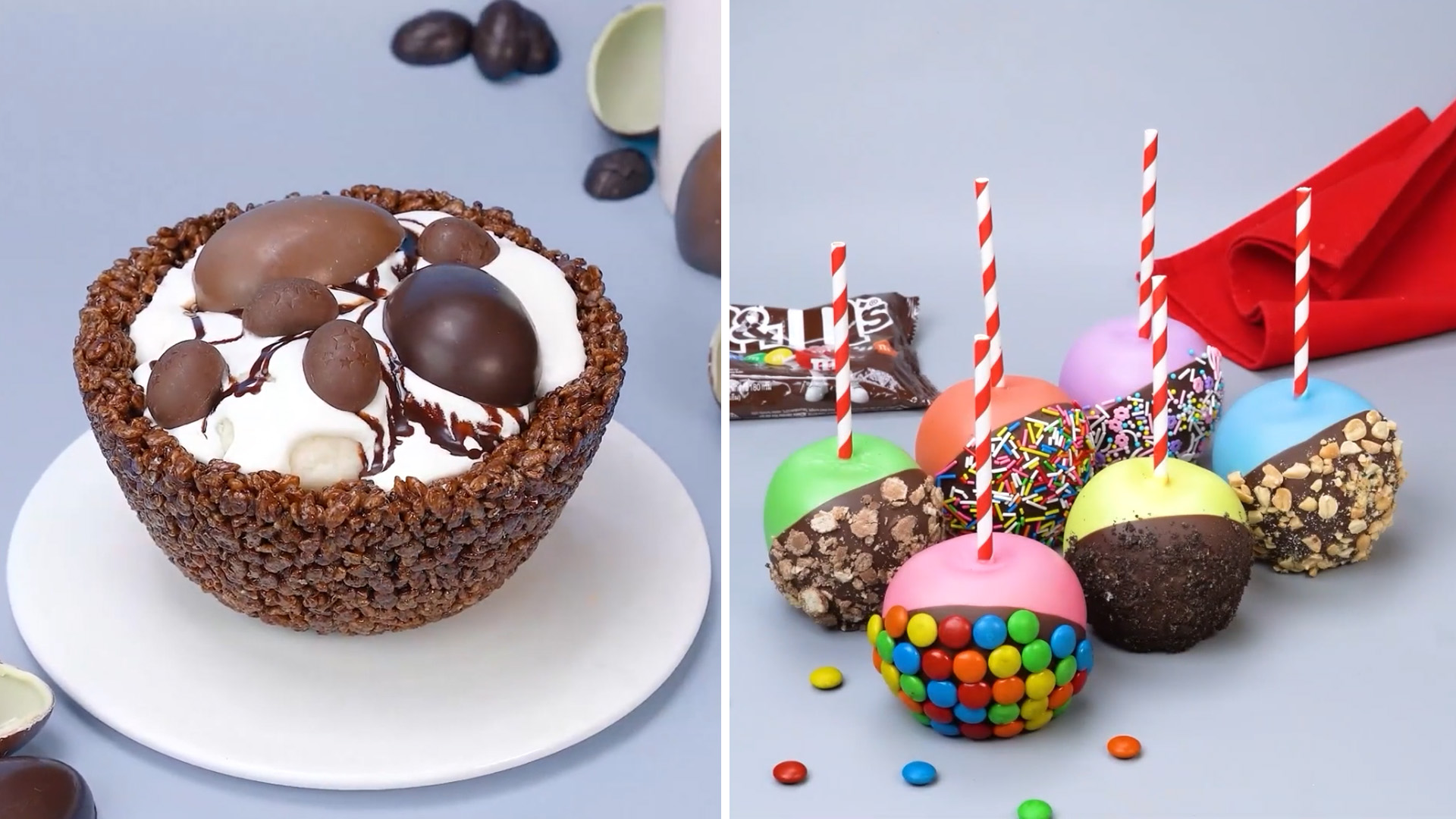 Chocolate bowl dessert and colorful apple candy pops
