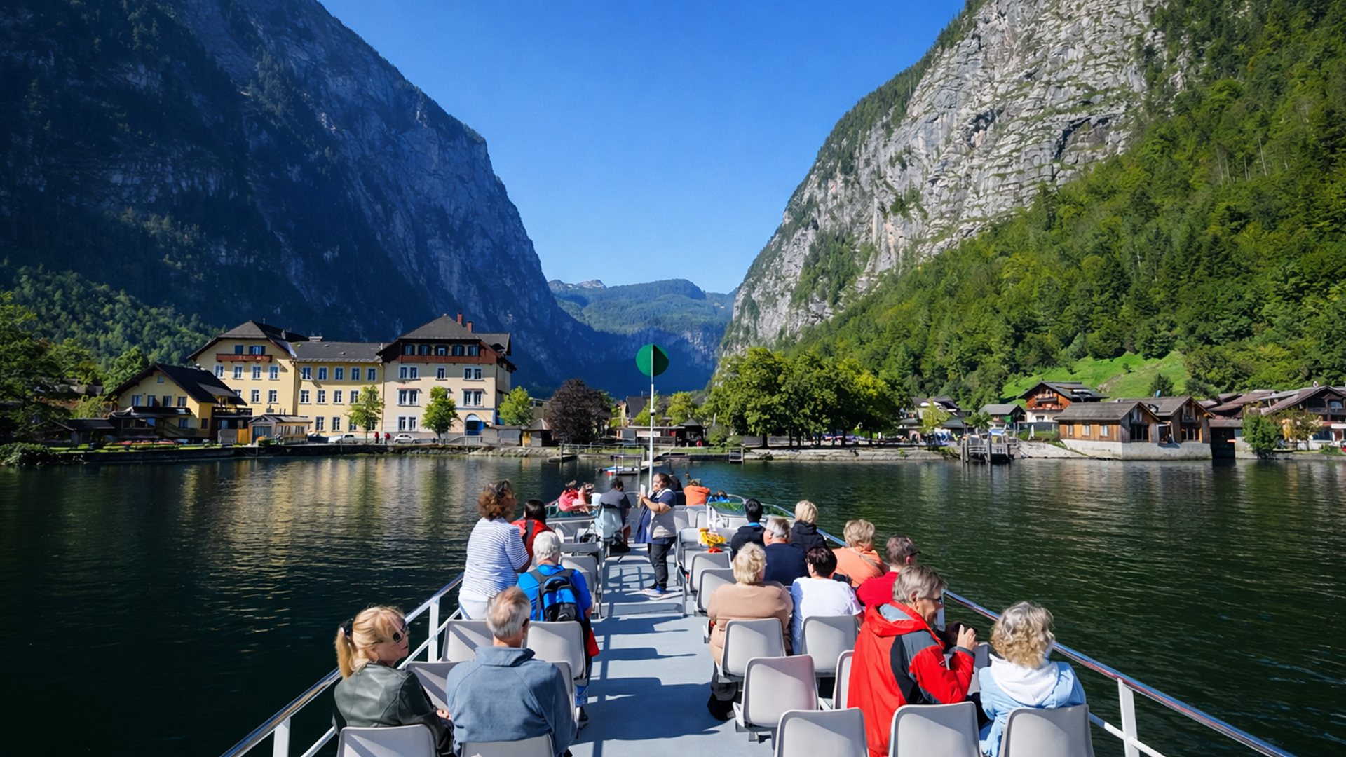 Paseo en barco tranquilo por el lago Hallstatt en Austria (4K)