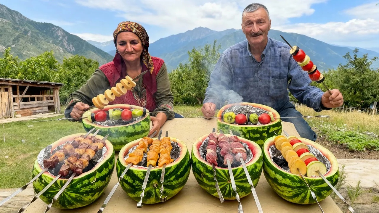 Quick village-style grilled meat in watermelon