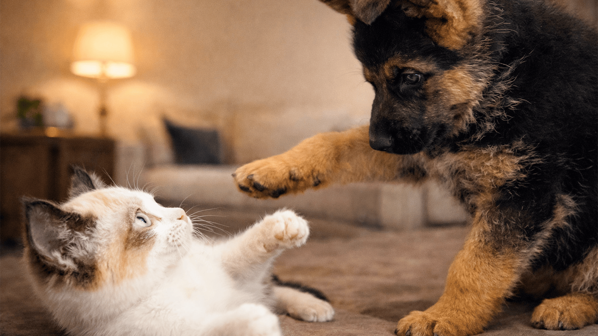 German shepherd puppy and kitten play paw game