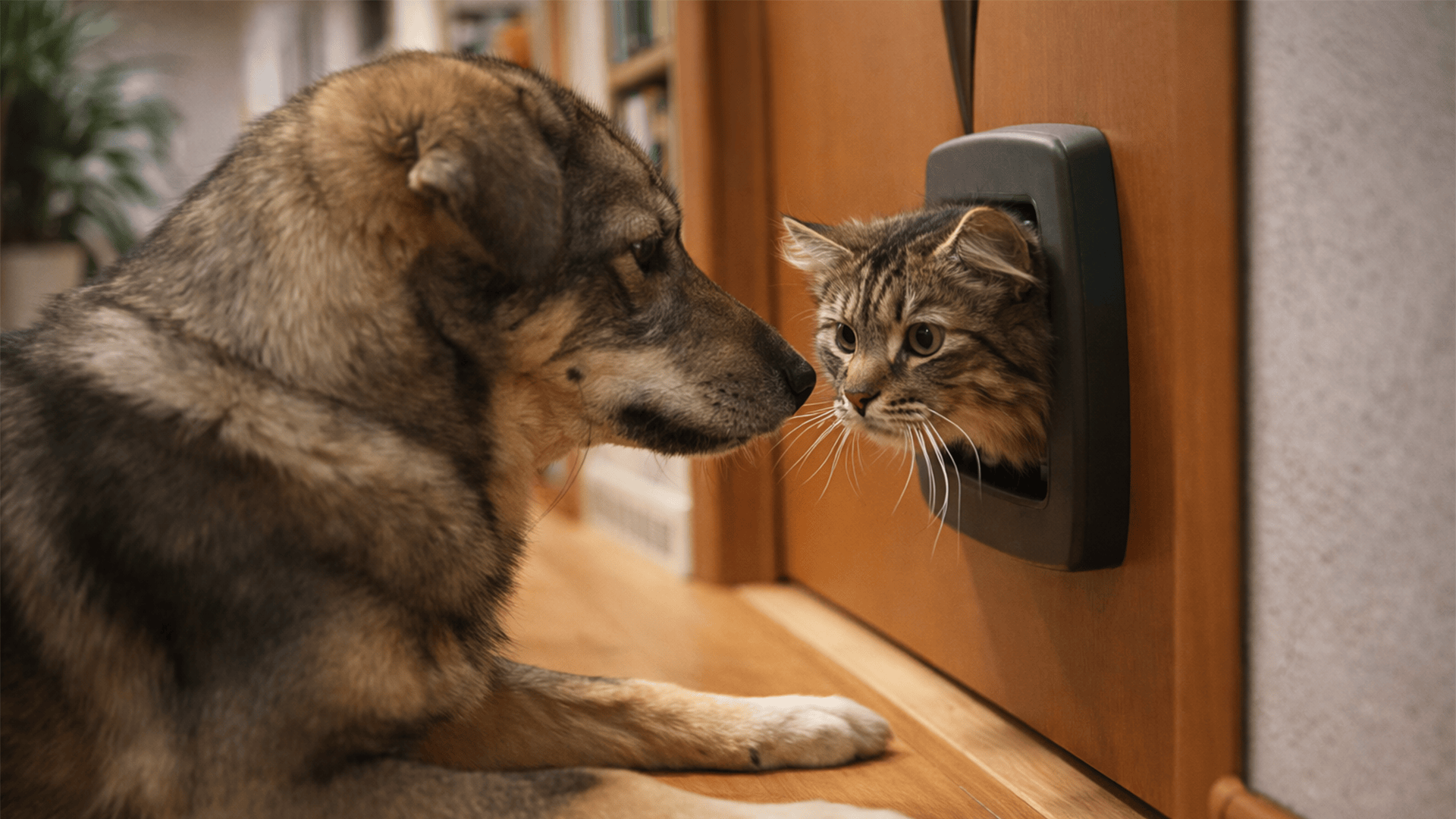 Dog meets cat through the door