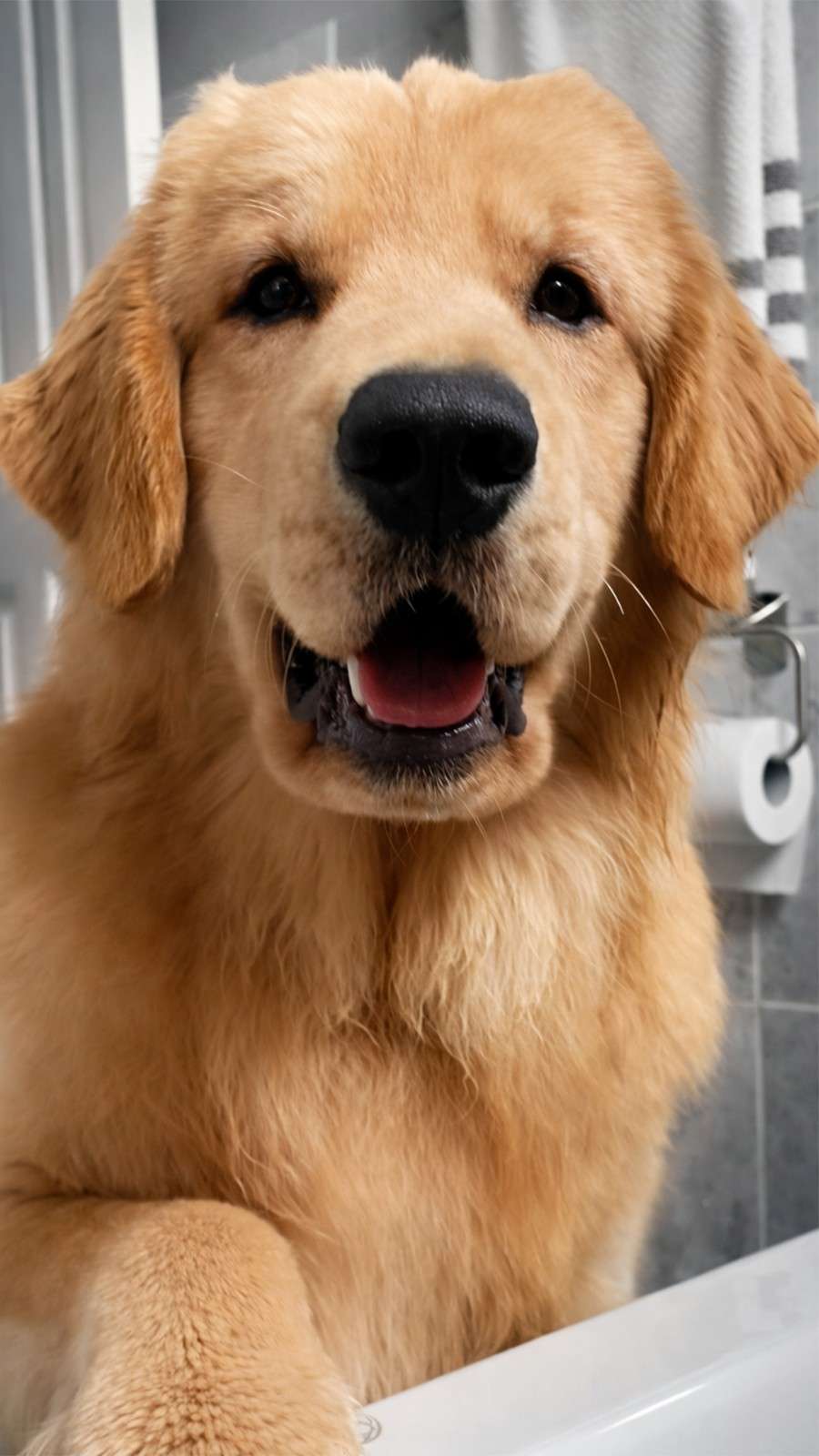 Golden retriever thinks bathroom is group activity