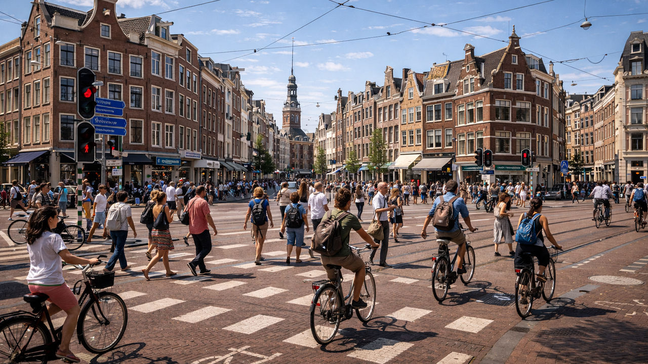 Ámsterdam en su máximo movimiento en un día soleado