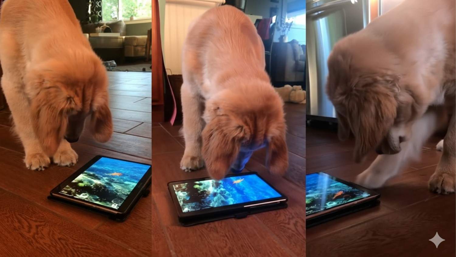 Golden retriever puppy investigates the tablet