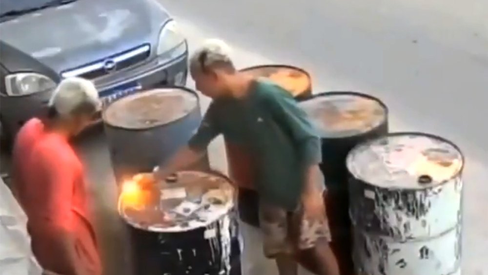 Man gets oil drum blown up in his face