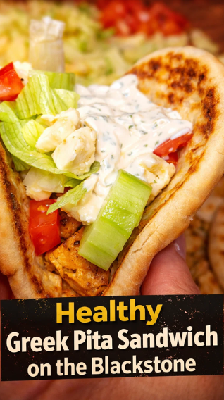 Healthy Greek pita sandwich on the Blackstone