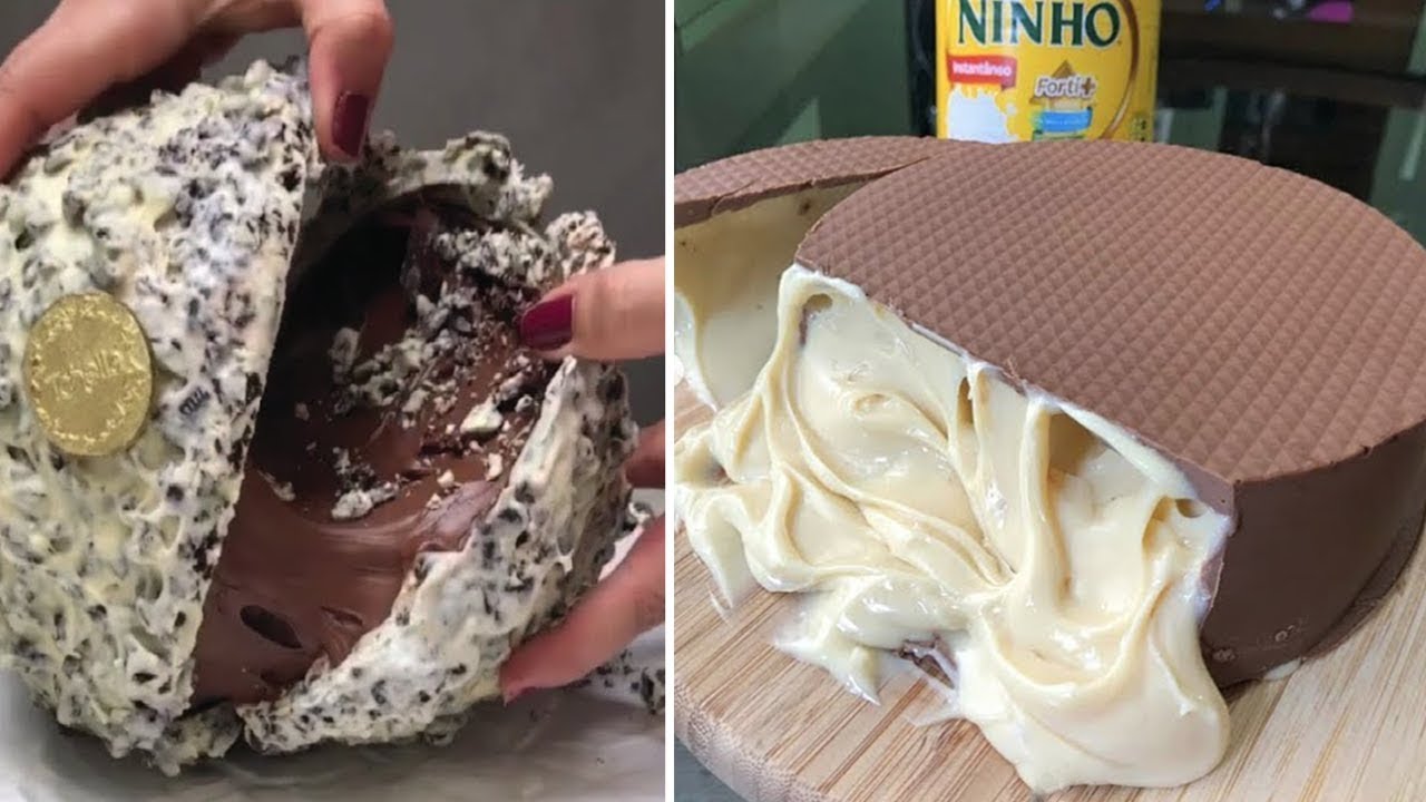 Chocolate ball and wafer shell in cake compilation