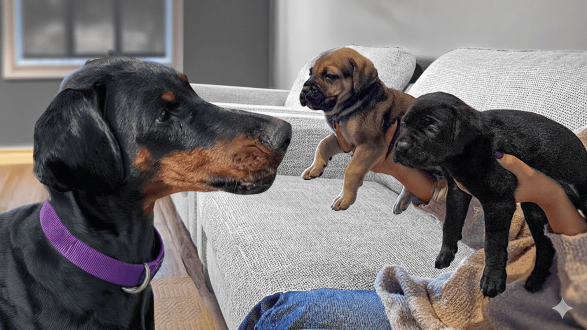 My dogs unsure but curious around rescue puppies