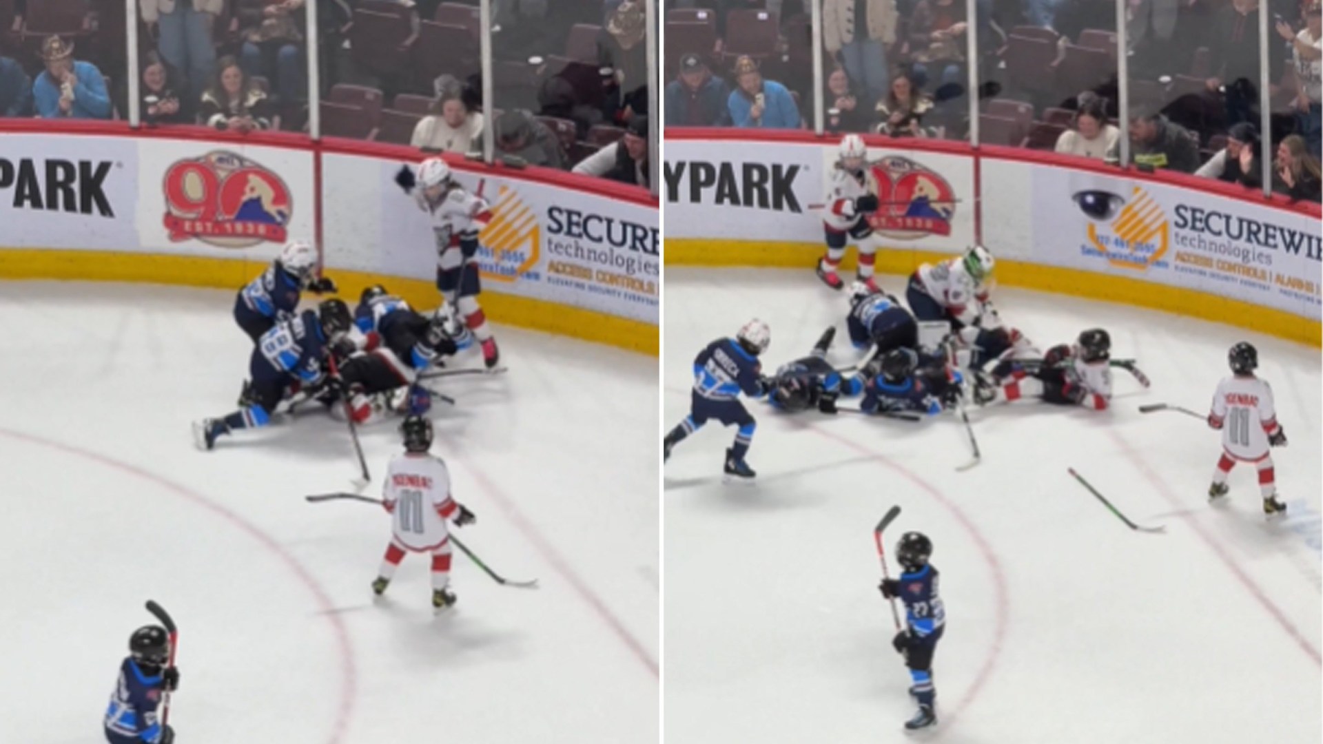 Brawl breaks out between kids during ice hockey match