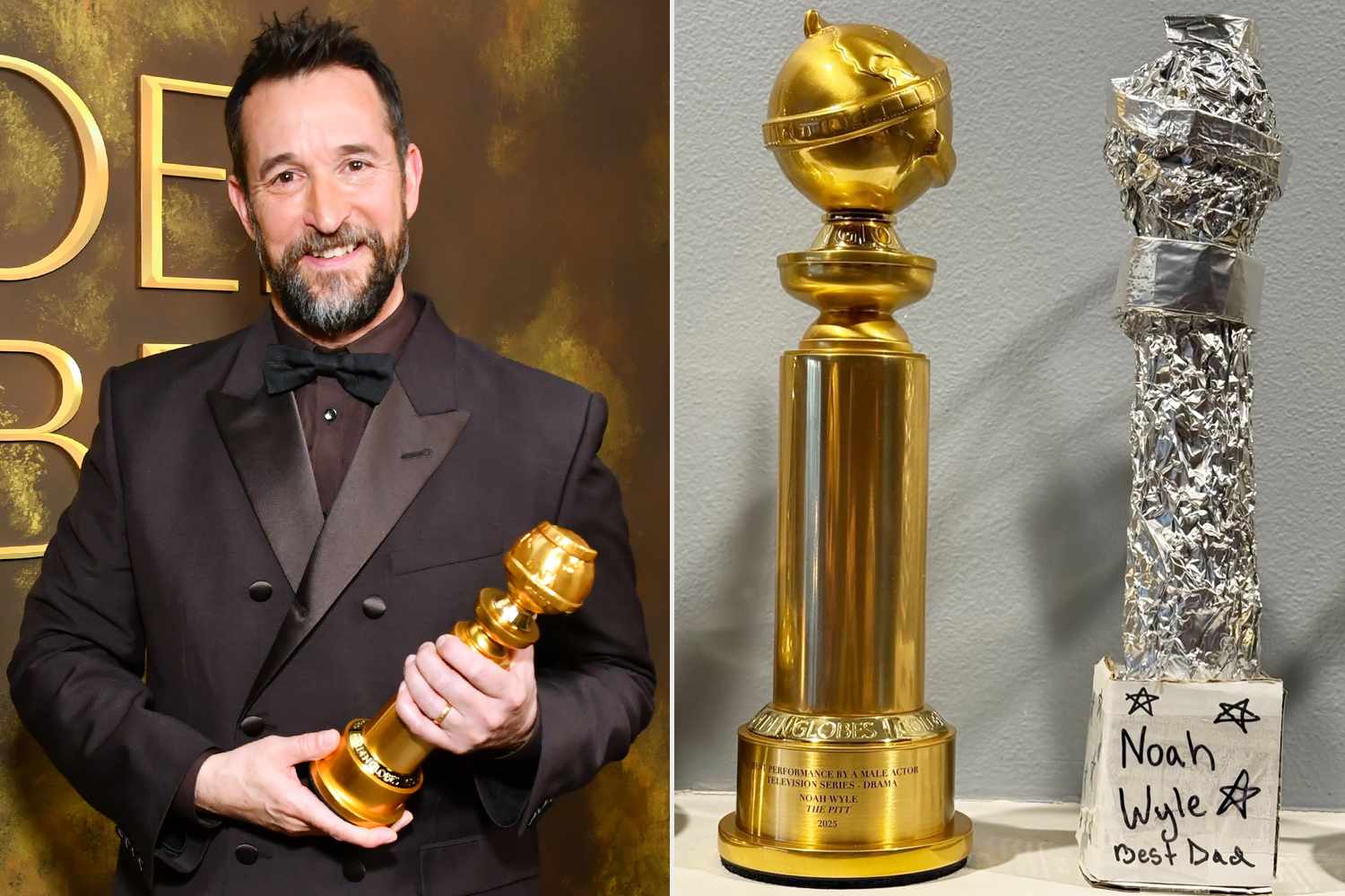Noah Wyle displays Golden Globe for "The Pitt" next to Best Dad Award ...