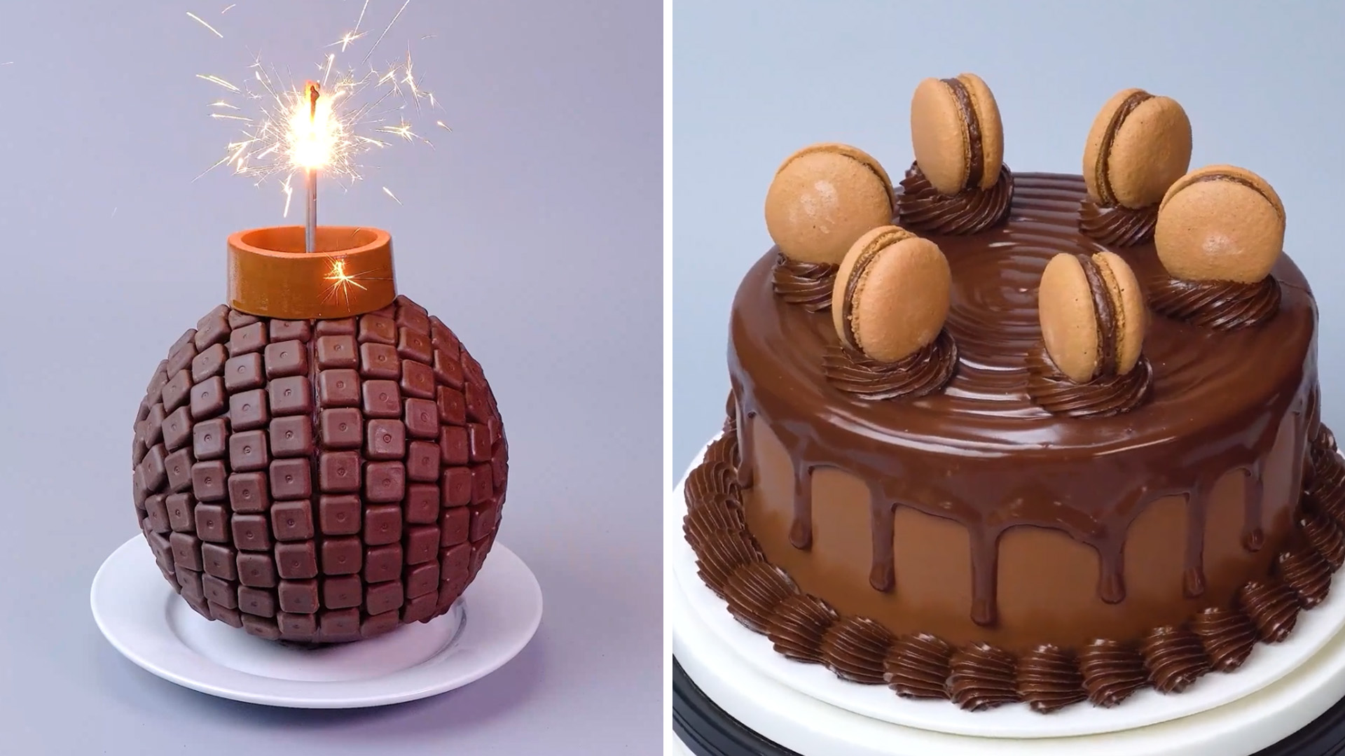 Chocolate sphere cake and macaron topped cake