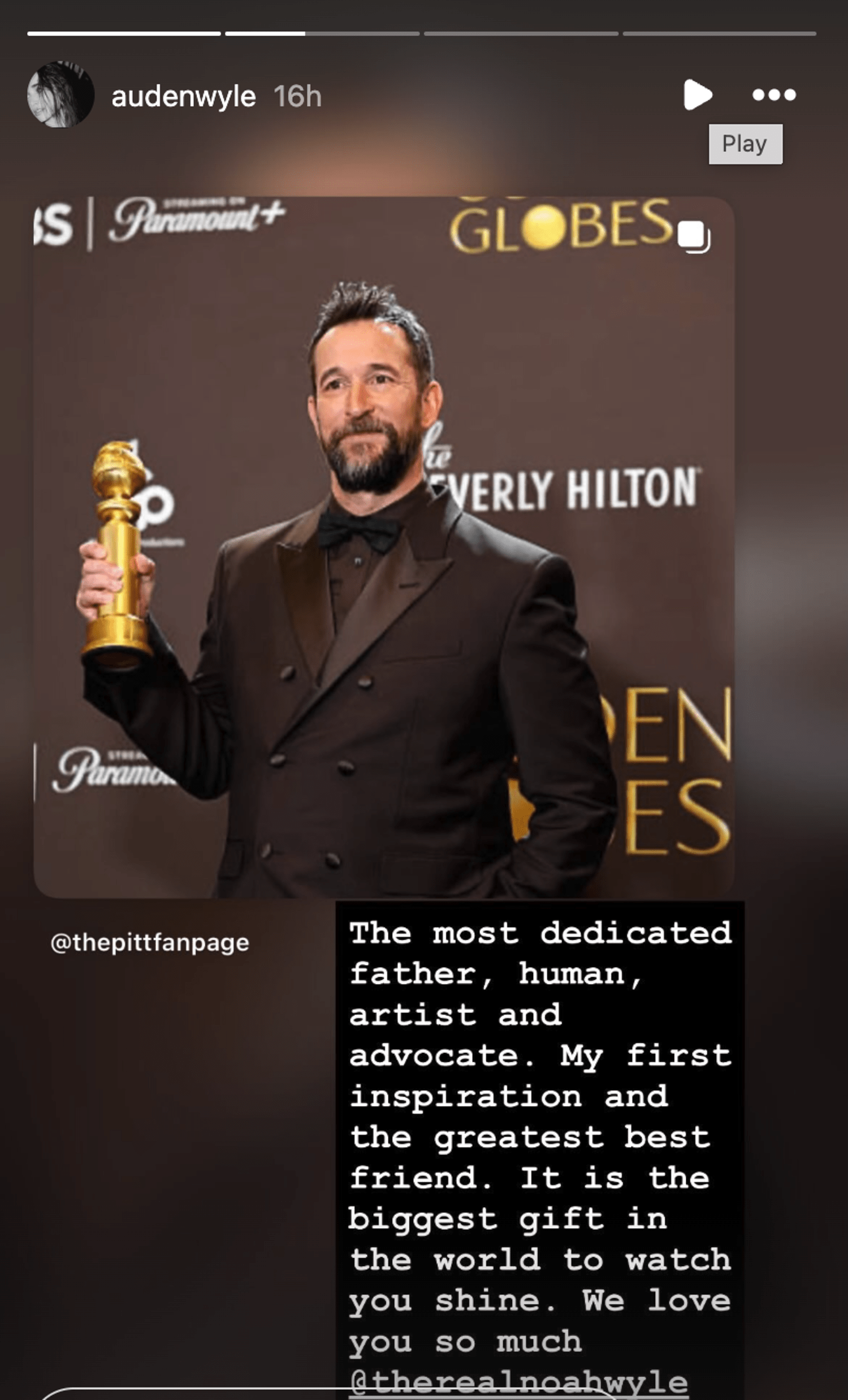 Noah Wyle puts his Golden Globe beside the real award, a homemade 'Best ...