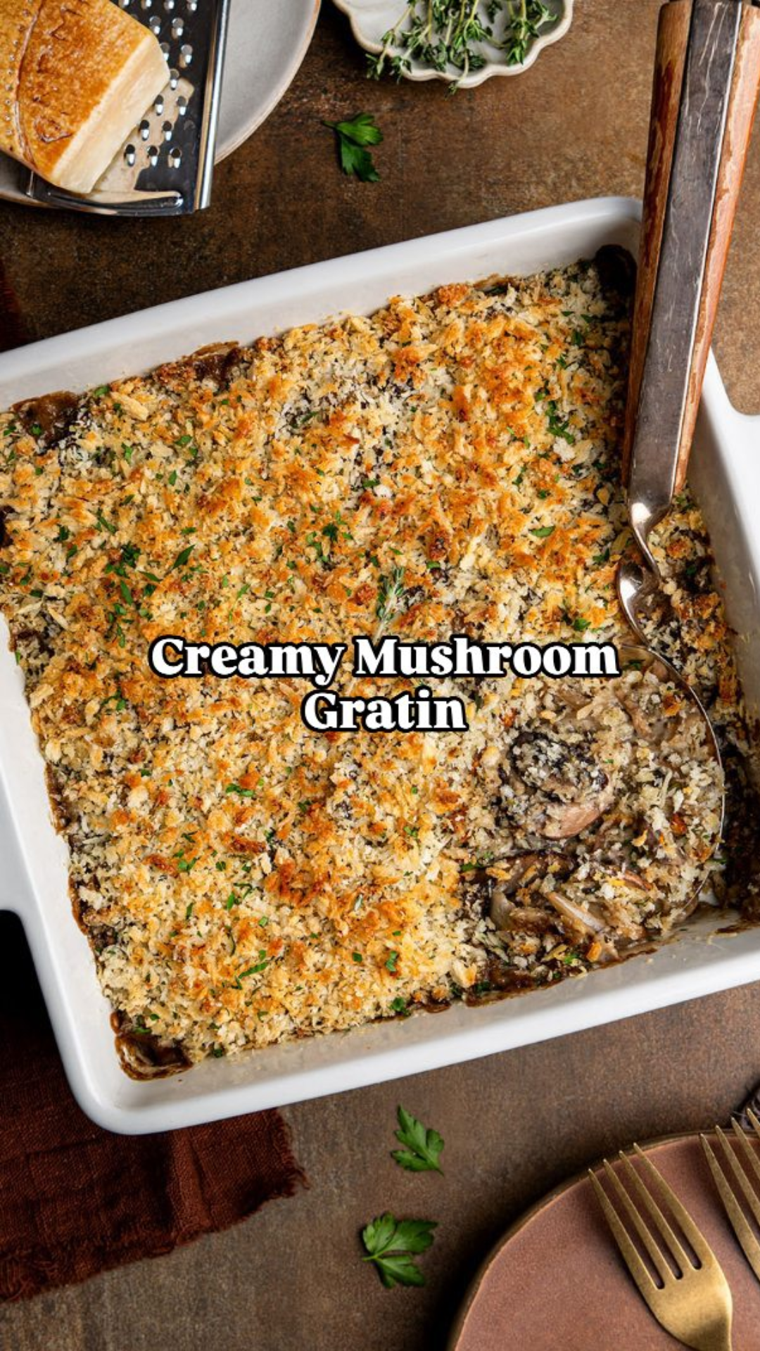 Creamy mushroom gratin with golden Parmesan crust