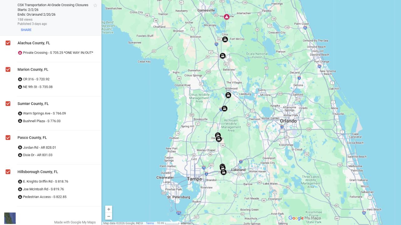 CSX plans to close railroad crossings across North Central Florida