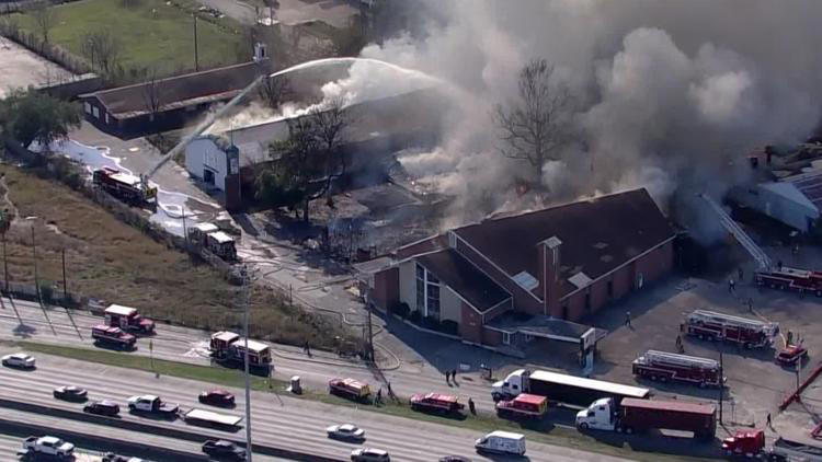 Three-alarm church fire at north Houston church visible from North Freeway