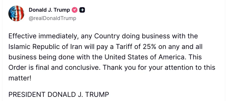 Trump targets countries trading with Iran, slaps 25% tariff