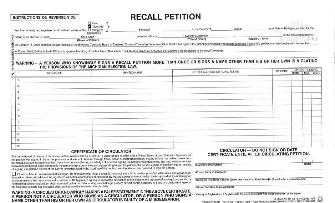Recall language filed again for Elmwood Twp. treasurer, supervisor