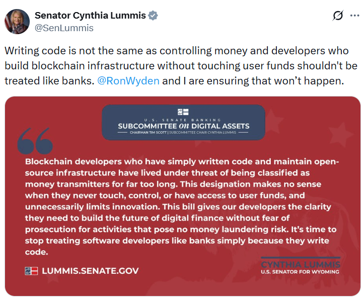 Senators pitch bill to lock in protections for crypto developers