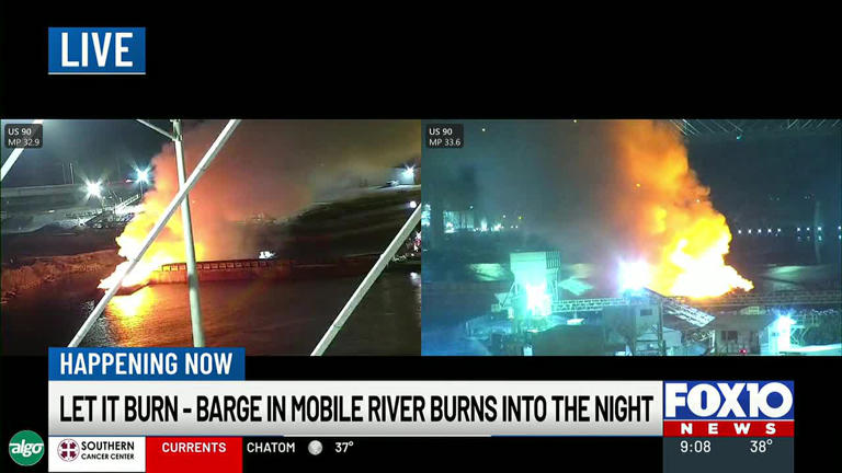 Barge fire closes section of Mobile shipping channel, Coast Guard reports