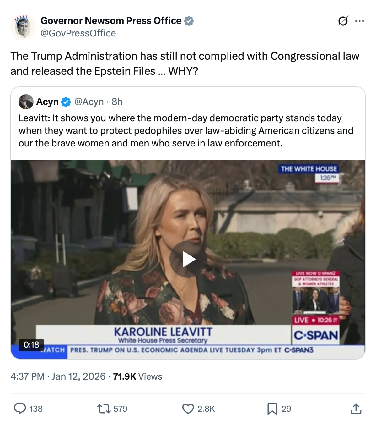 Karoline Leavitt called out over ironic pedophile protector comments