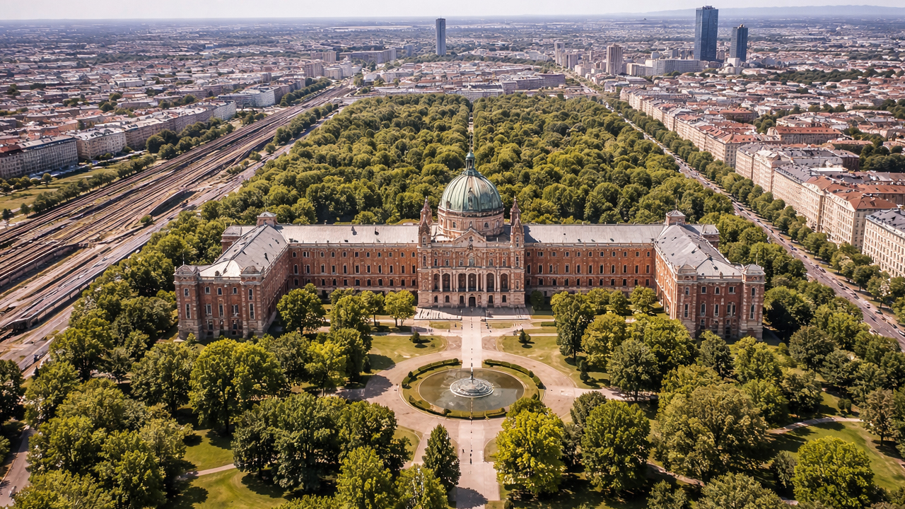Military history museum aerial view over Vienna parklands