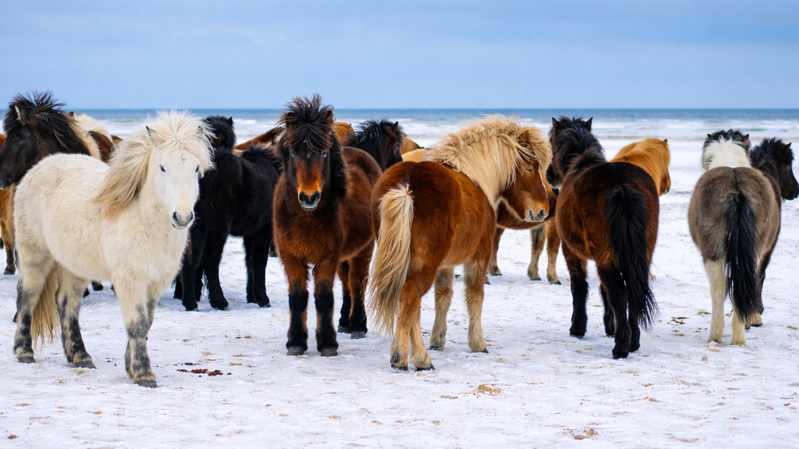 Ponies on a cold snowy beach