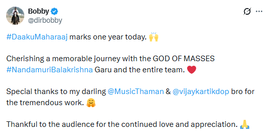 Nandamuri Balakrishna’s ‘Daaku Maharaaj’ completes one year: Director ...