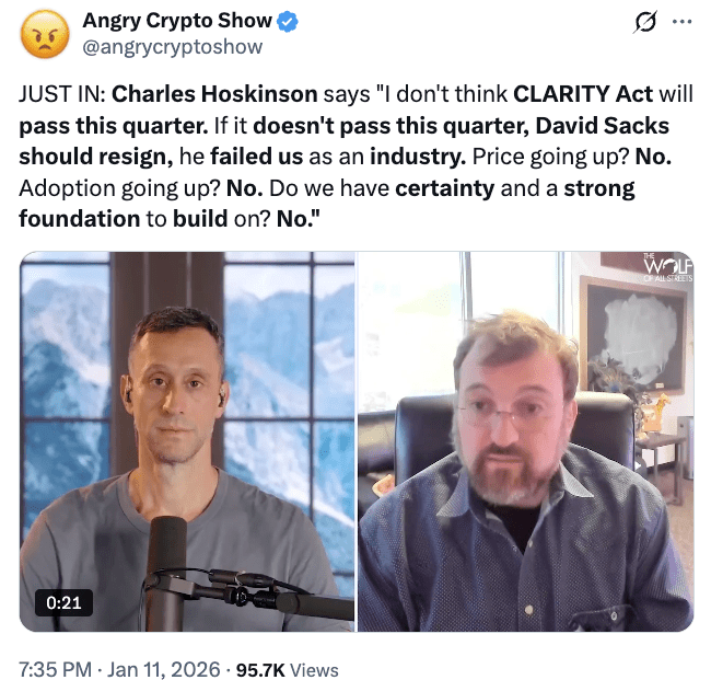 Charles Hoskinson doubts CLARITY Act timeline, says Trump crypto czar ...