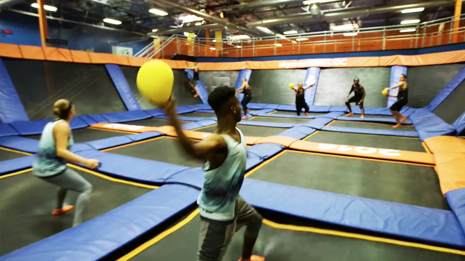 Parkour dodgeball inside a trampoline park