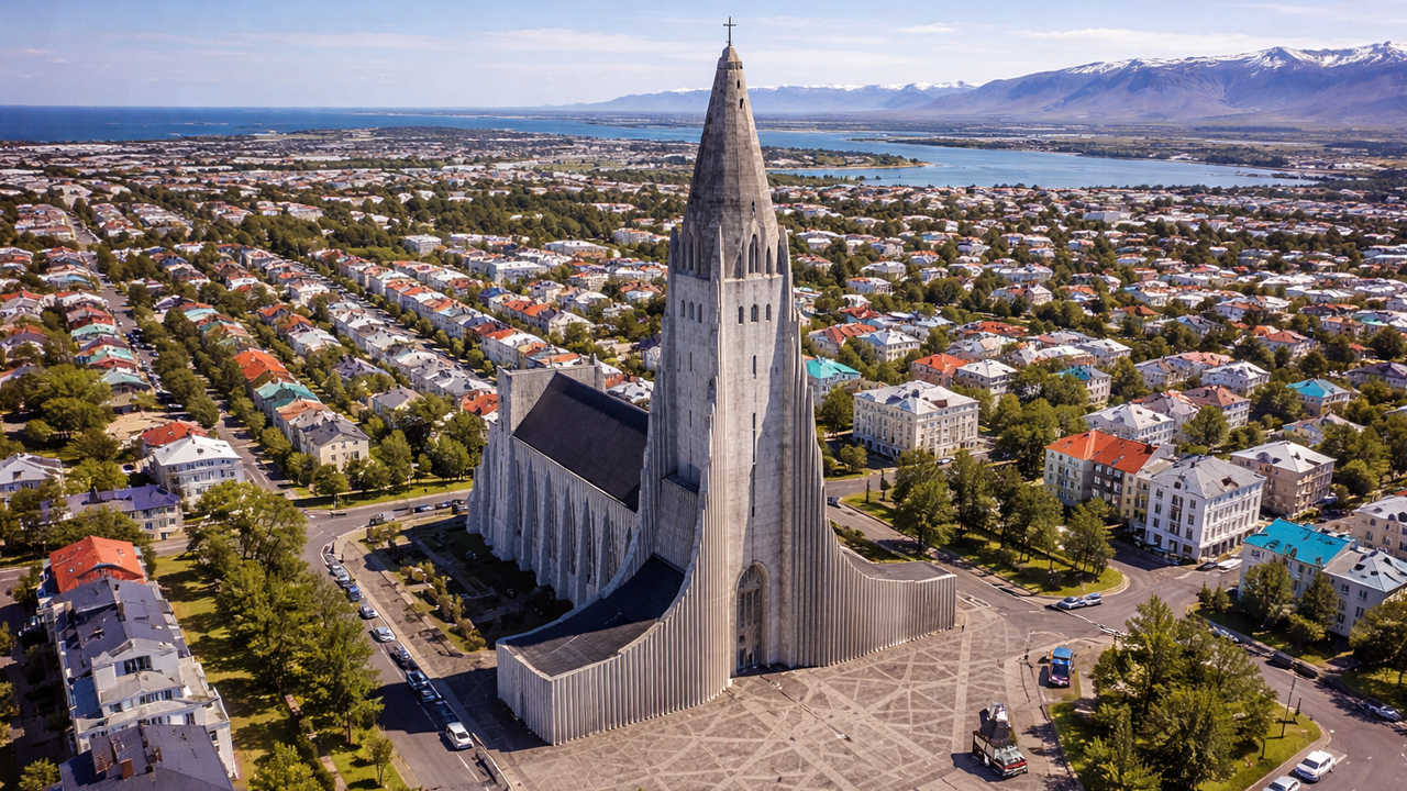 Hallgrímskirkja Church aerial view over Reykjavík