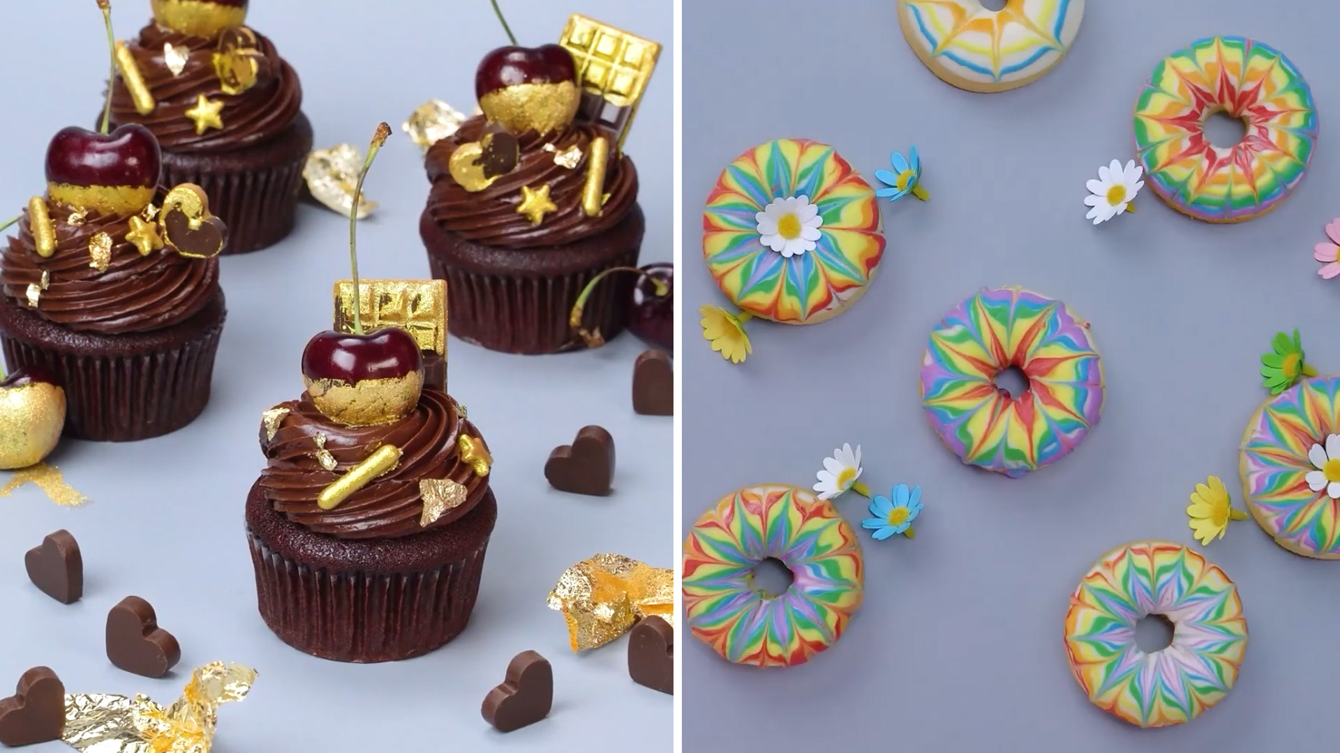 Chocolate cupcakes with gold details and rainbow donuts