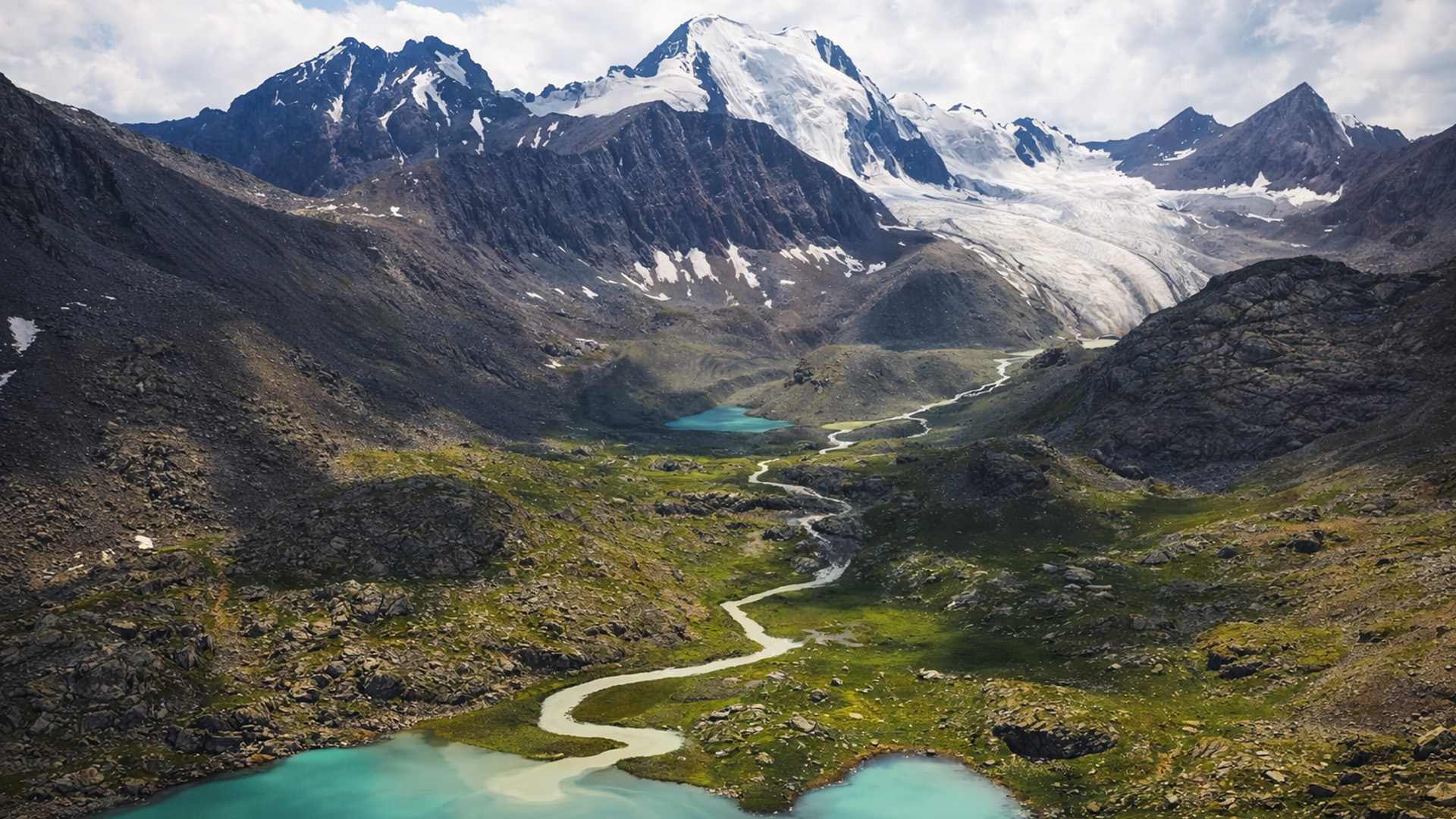 Winding rivers of Karakol Glacier Valley